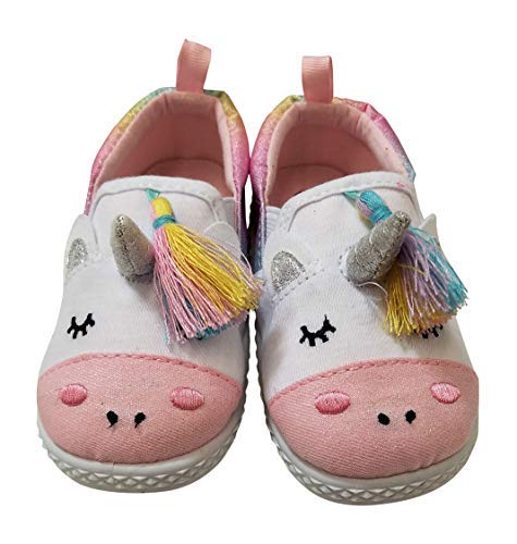 Toddler Baby Girls Canvas Unicorn Slip-On Slipper Shoes with Metallic Textile Horn and Rainbow Tassel (Size 2 M), White