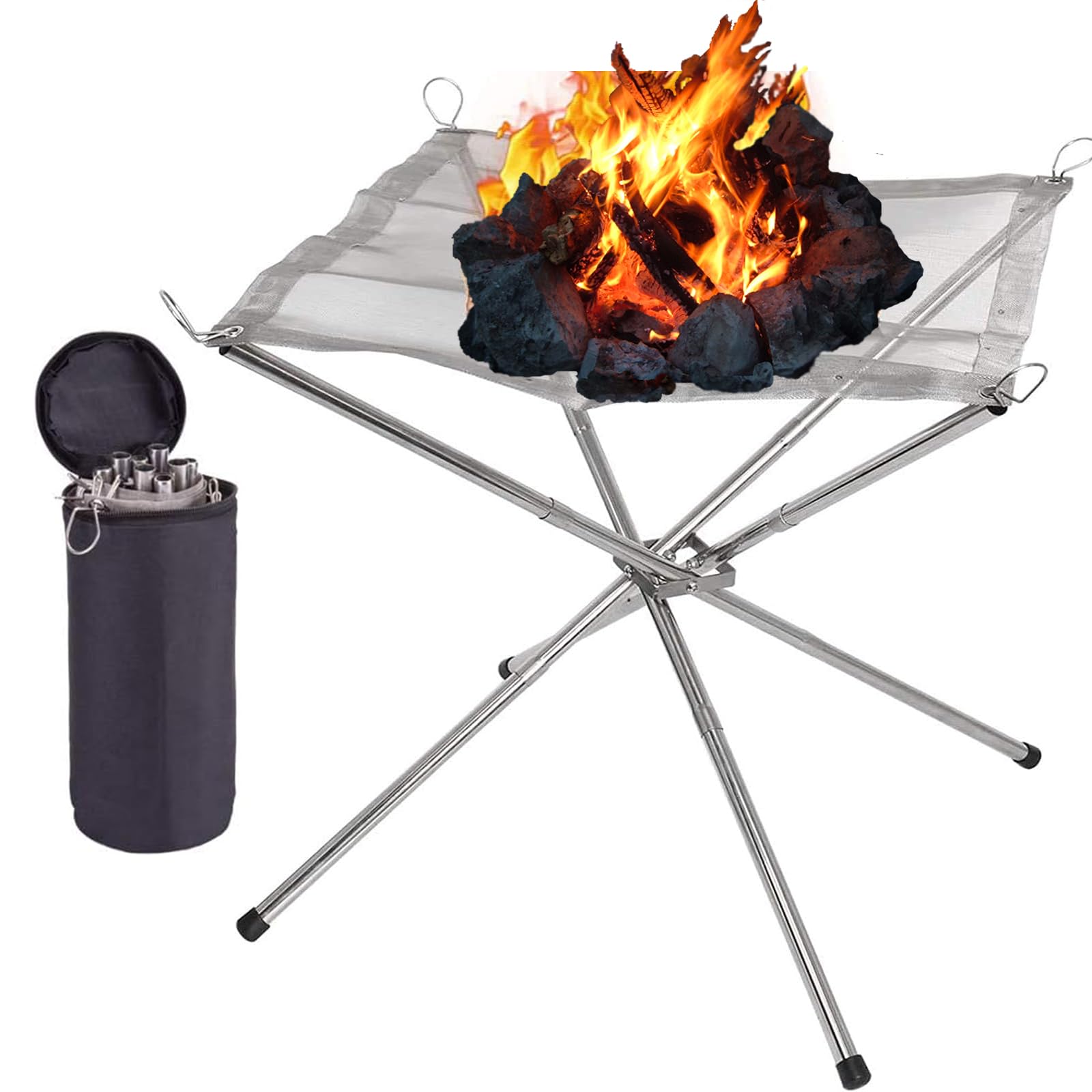 Finderomend Portable Fire Pit for Camping 22 Inch Mesh Collapsible Folding Fire Pit with Stainless Steel for Campfire, Outdoor, Camping and Travel- Include Carry Bag