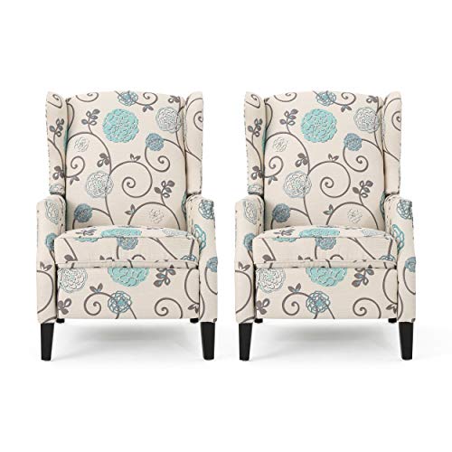 Christopher Knight Home Ellyn Fabric Recliner (Set of 2), Light Beige with Blue Floral, Dark Brown