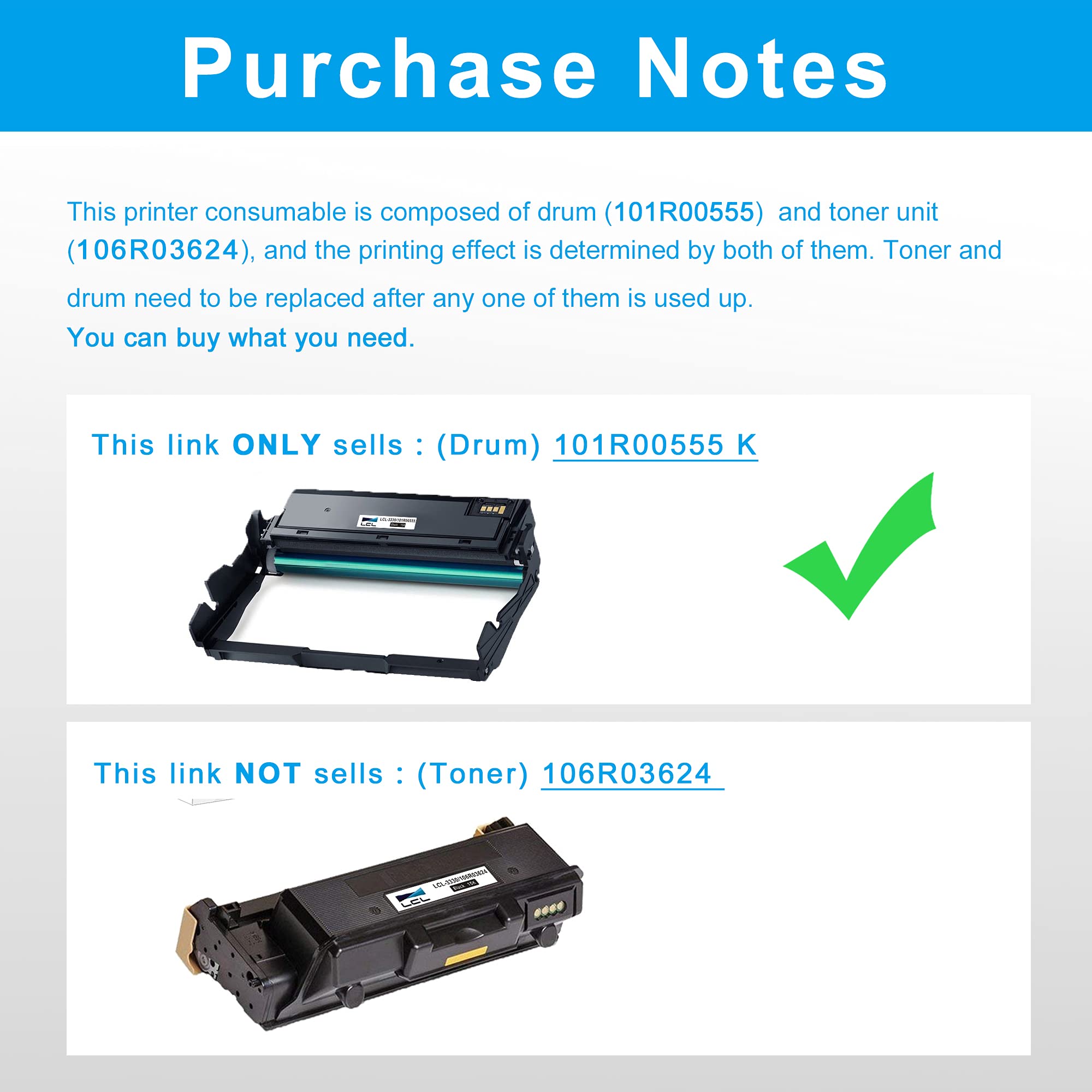 LCL Compatible Drum Unit Replacement for Xerox Phaser 3330 WorkCentre 3335 3345 101R00555 3345VDNi Phaser 3330DNi WorkCentre 3335DNi WorkCentre 3345DNi (1-Pack Black)