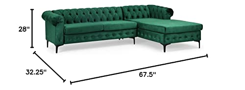 Christopher Knight Home Frieda Velvet 3 Seater Sectional Sofa with Chaise Lounge, Emerald, Black