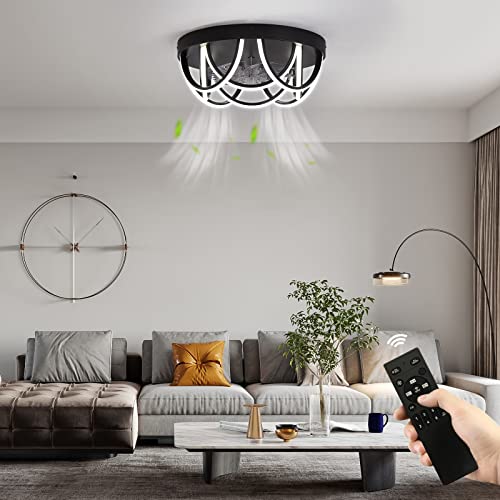 Ceiling Fan with Lights Flush Mount Ceiling Fan with Remote Control, 17 Inch Industrial LED Low Profile Ceiling Fan with Lights 3-Color Dimming for Bedroom Kitchen Dining Living Room