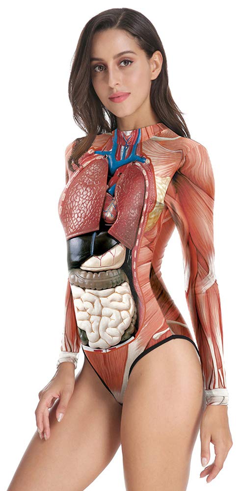 Sister Amy Womens Long Sleeve Printed Zipper Surfing One Piece Swimsuit Bathing Suit D-Human Internal Organs L/XL