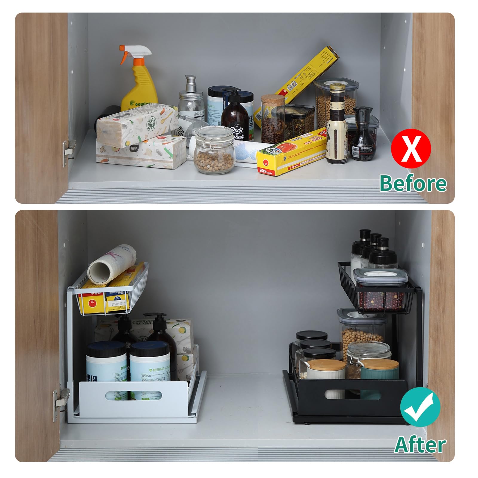 Mr Rabbi Under Sink Organizer and Storage, 2-Tier Pull Out Cabinet Organizer, Multi-use Sliding Shelf Under Cabinet Storage for Kitchen Bathroom Countertop Organizer