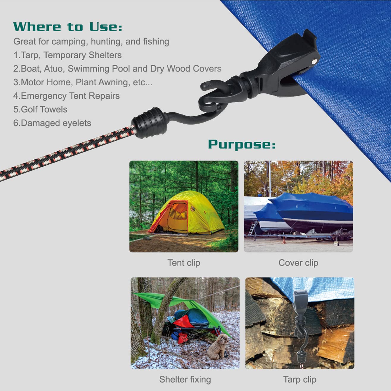 ORXPLUS Tools 2pcs ONE-Handed TARP Clips with Hook Tent Clips Awning Clamp Set Tent Clamps for Camping Canopies, Car Cover, Winter Boat Cover, Pool Cover, Sun Shade