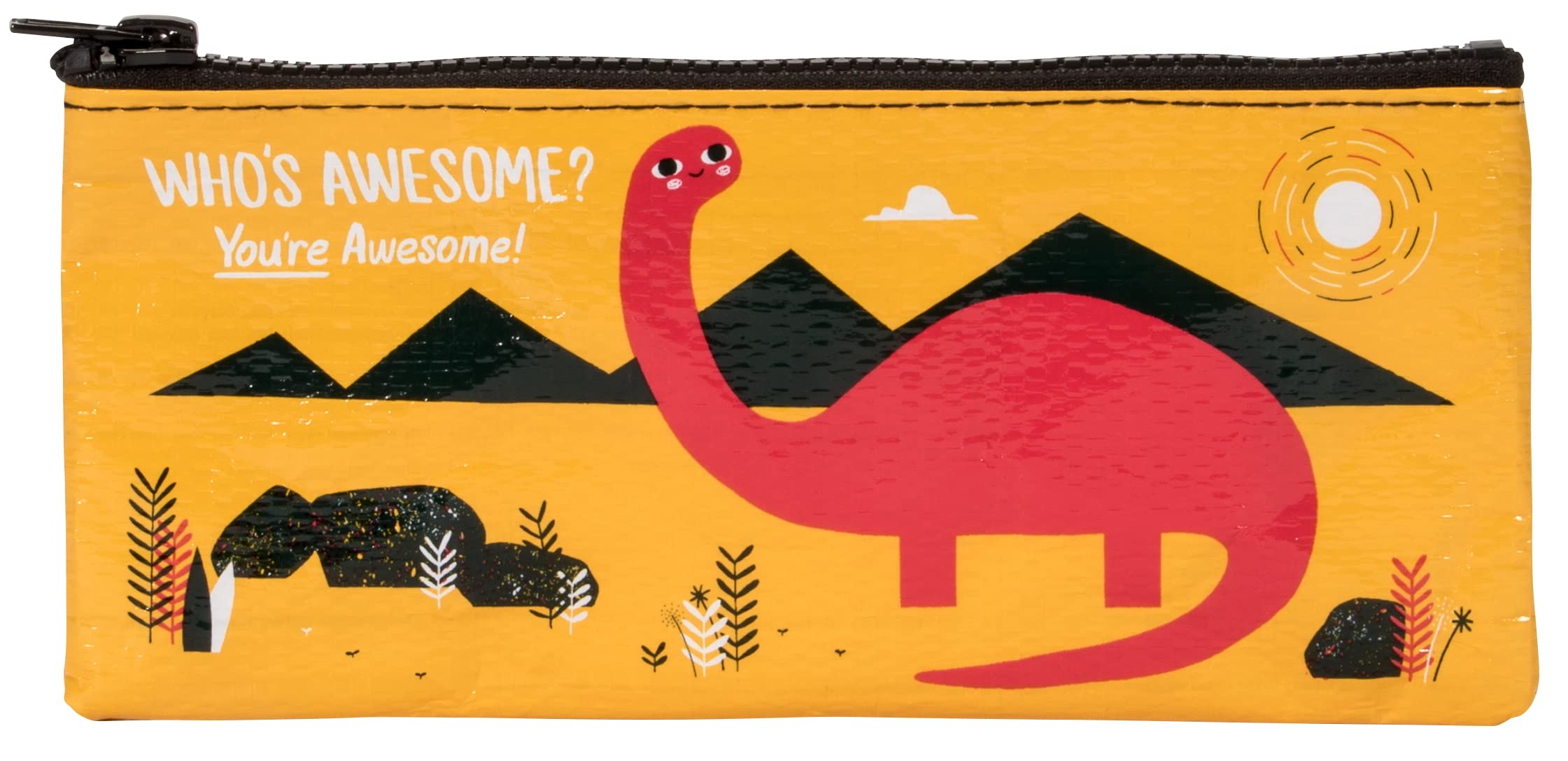 Blue Q Pencil Case ~ Who's Awesome? You're Awesome! (Dinosaur with Dimples). Hefty Zipper, Easy-to-Rinse-Clean, 95% Recycled Material. Store Makeup, Chargers, Coupons, Pencils. 4.25"h x 8.5"w