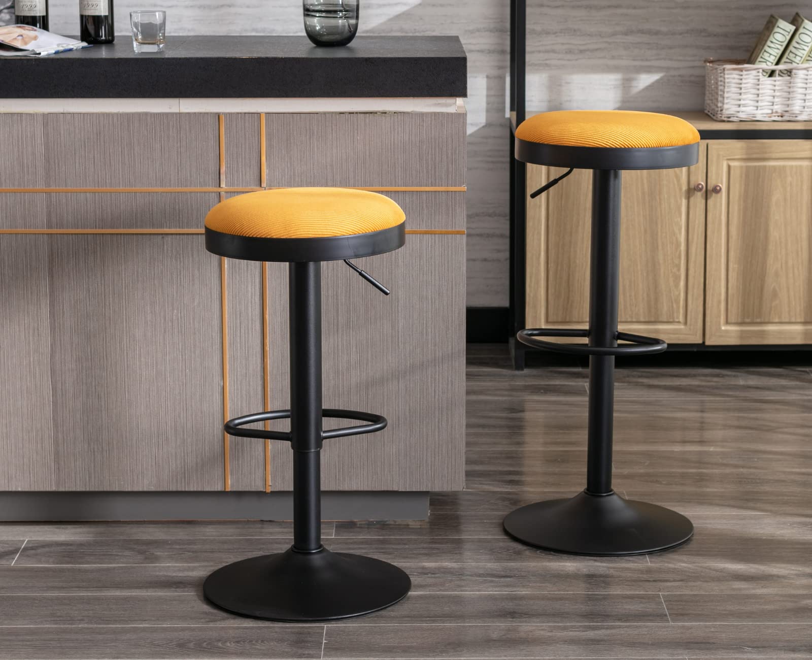 EALSON Modern Swivel Bar Stools Set of 2 Adjustable Counter Height Backless Barstools with Metal Base Fabric Upholstered Round Bar Stool Chairs for Kitchen Island/Pub/Breakfast Bar, Yellow
