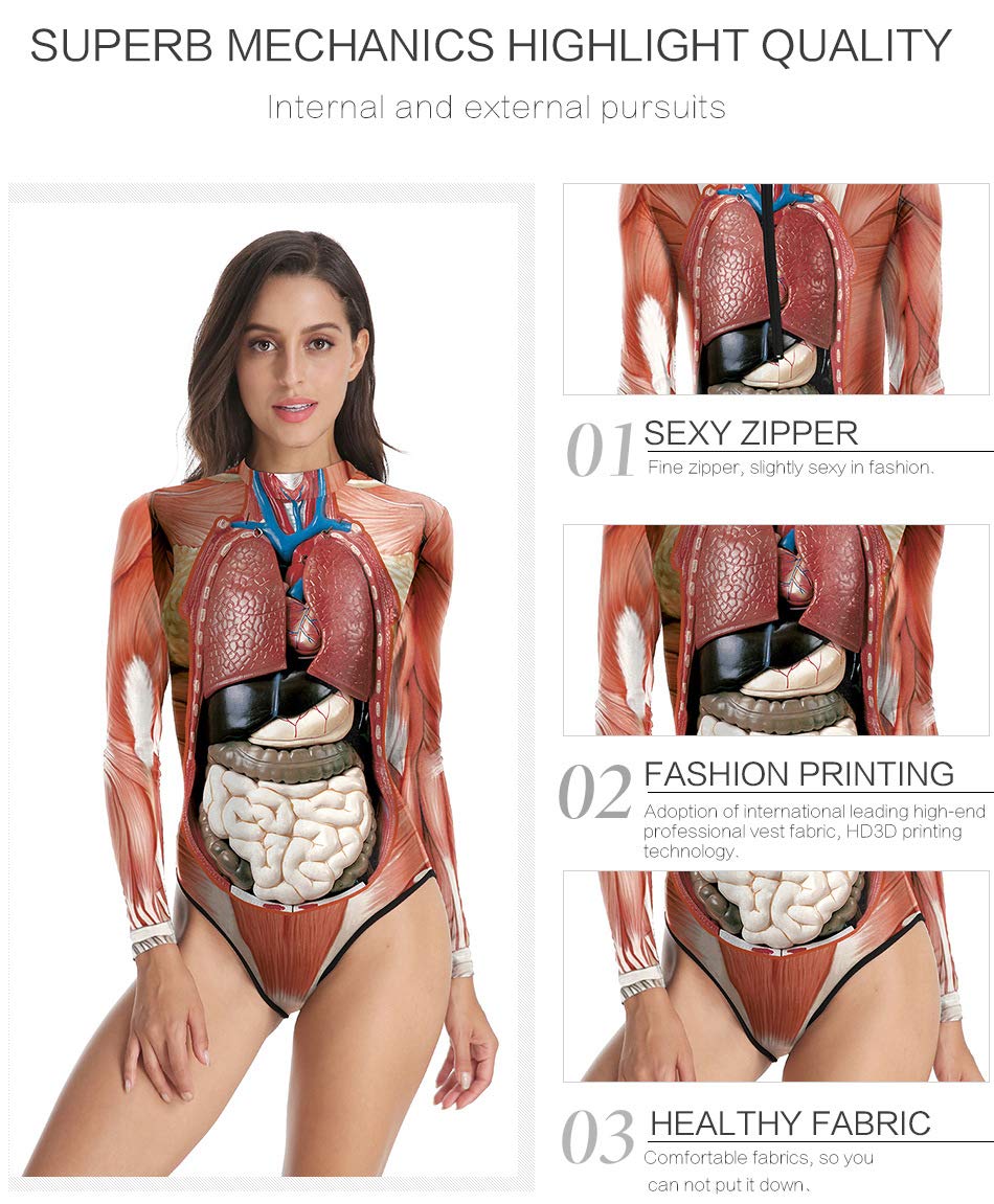 Sister Amy Womens Long Sleeve Printed Zipper Surfing One Piece Swimsuit Bathing Suit D-Human Internal Organs L/XL