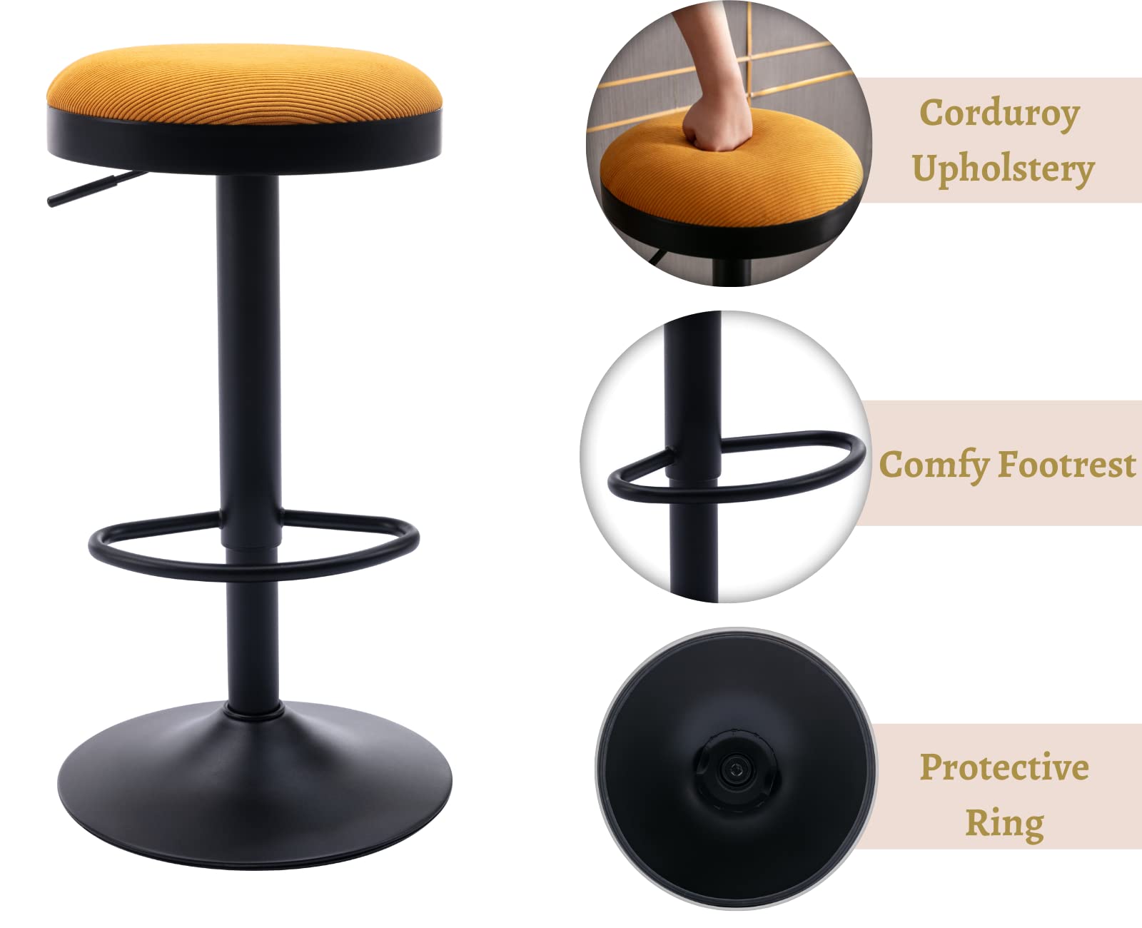 EALSON Modern Swivel Bar Stools Set of 2 Adjustable Counter Height Backless Barstools with Metal Base Fabric Upholstered Round Bar Stool Chairs for Kitchen Island/Pub/Breakfast Bar, Yellow