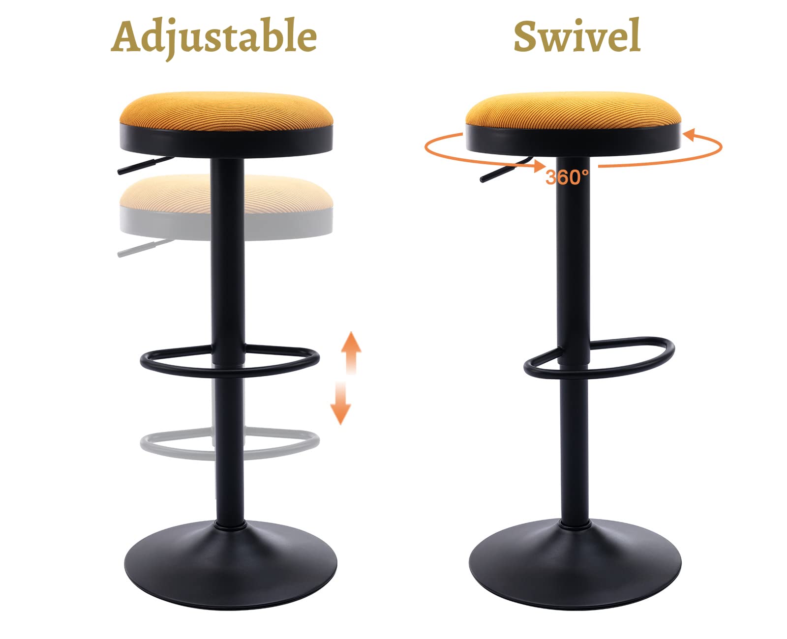 EALSON Modern Swivel Bar Stools Set of 2 Adjustable Counter Height Backless Barstools with Metal Base Fabric Upholstered Round Bar Stool Chairs for Kitchen Island/Pub/Breakfast Bar, Yellow
