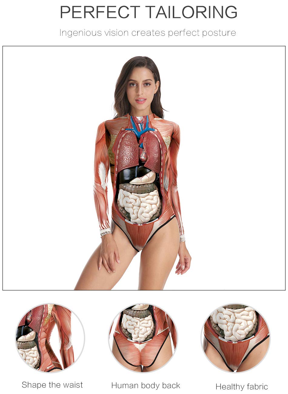 Sister Amy Womens Long Sleeve Printed Zipper Surfing One Piece Swimsuit Bathing Suit D-Human Internal Organs L/XL
