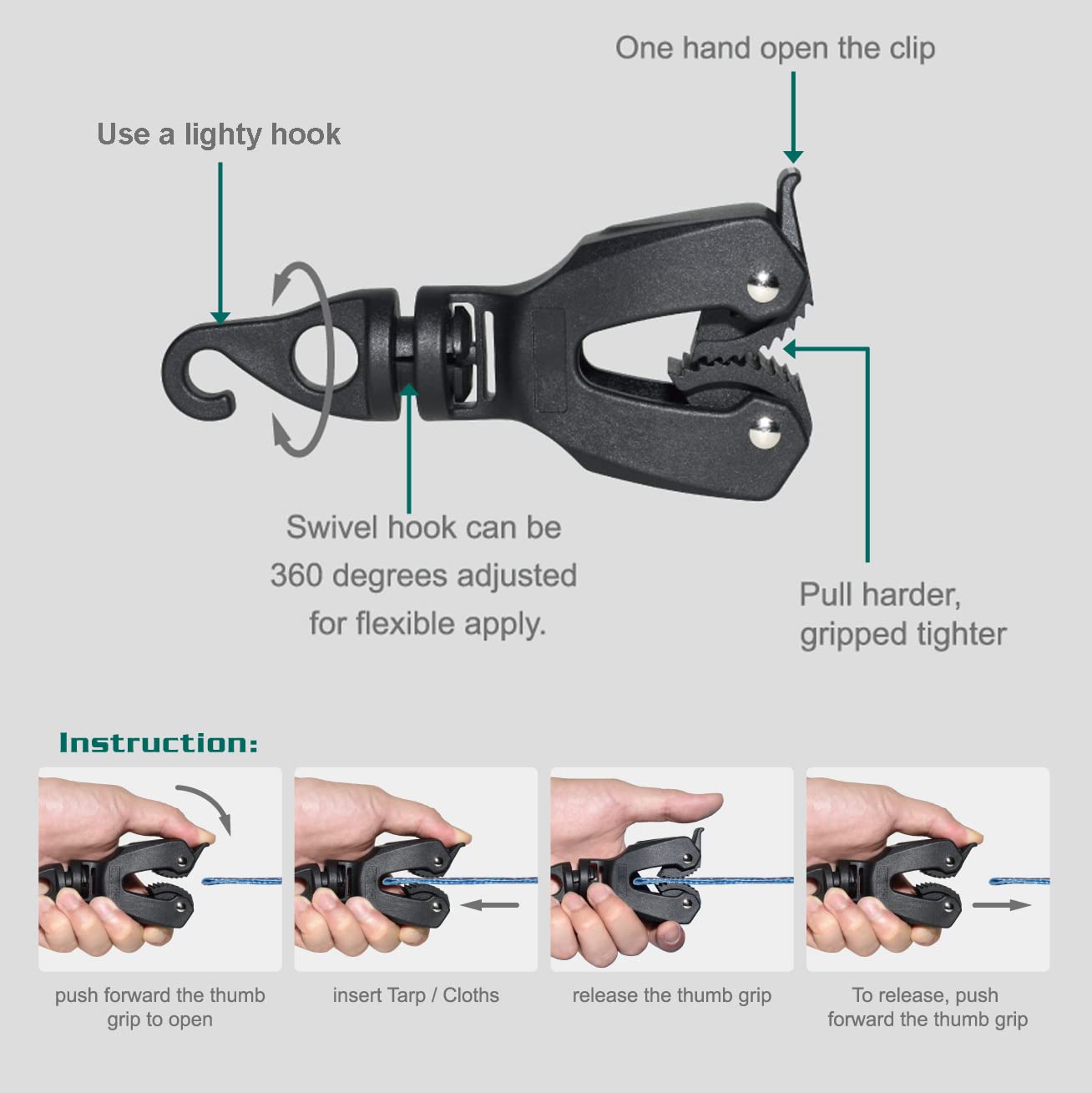 ORXPLUS Tools 2pcs ONE-Handed TARP Clips with Hook Tent Clips Awning Clamp Set Tent Clamps for Camping Canopies, Car Cover, Winter Boat Cover, Pool Cover, Sun Shade
