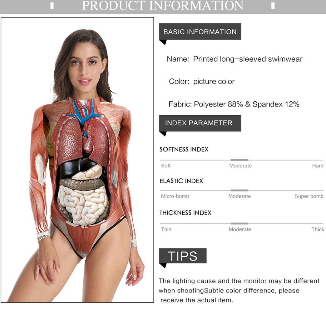 Sister Amy Womens Long Sleeve Printed Zipper Surfing One Piece Swimsuit Bathing Suit D-Human Internal Organs L/XL