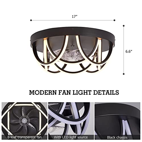 Ceiling Fan with Lights Flush Mount Ceiling Fan with Remote Control, 17 Inch Industrial LED Low Profile Ceiling Fan with Lights 3-Color Dimming for Bedroom Kitchen Dining Living Room
