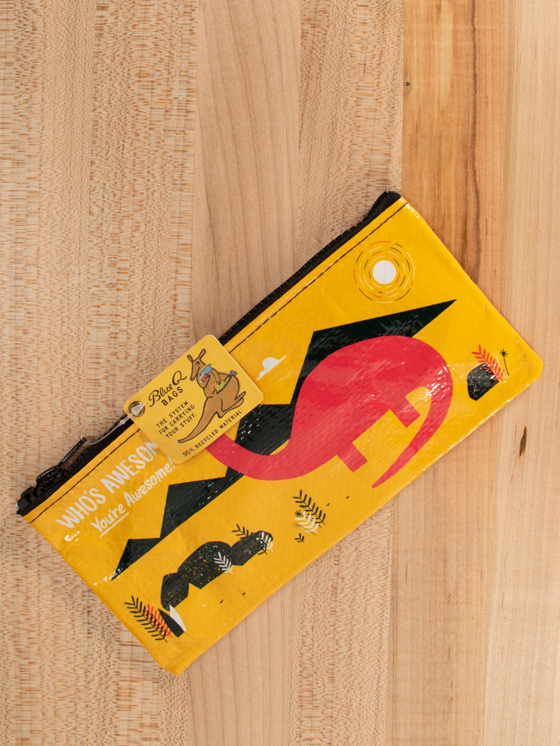 Blue Q Pencil Case ~ Who's Awesome? You're Awesome! (Dinosaur with Dimples). Hefty Zipper, Easy-to-Rinse-Clean, 95% Recycled Material. Store Makeup, Chargers, Coupons, Pencils. 4.25"h x 8.5"w