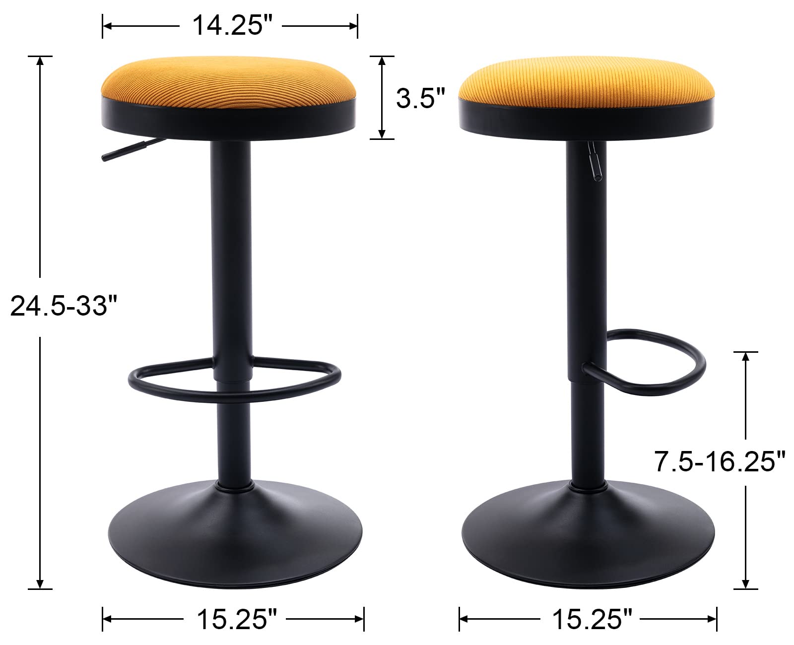 EALSON Modern Swivel Bar Stools Set of 2 Adjustable Counter Height Backless Barstools with Metal Base Fabric Upholstered Round Bar Stool Chairs for Kitchen Island/Pub/Breakfast Bar, Yellow