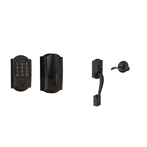 Schlage Encode Smart Wi-Fi Deadbolt with Camelot Trim in Aged Bronze & Schlage FE285 CAM 716 Acc RH Camelot Front Entry Handleset with Right-Handed Accent Lever, Lower Half Grip, Aged Bronze