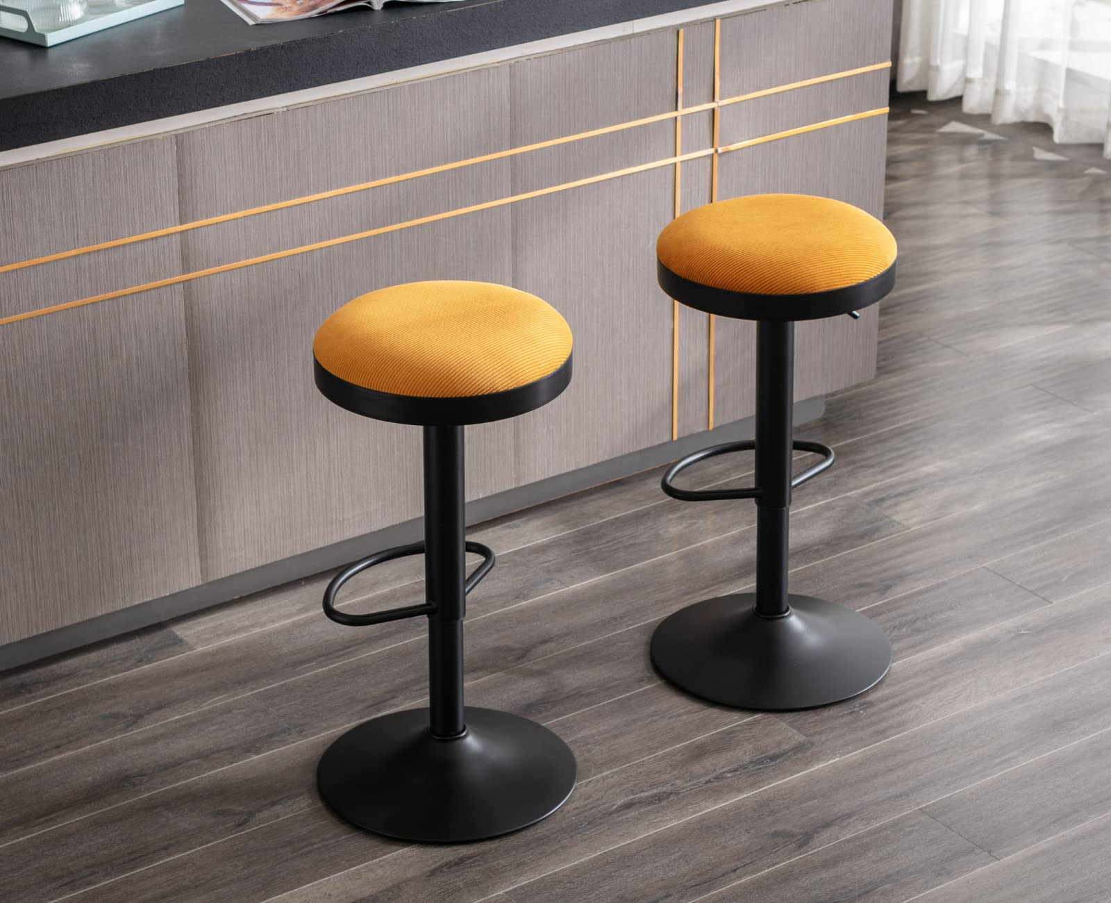 EALSON Modern Swivel Bar Stools Set of 2 Adjustable Counter Height Backless Barstools with Metal Base Fabric Upholstered Round Bar Stool Chairs for Kitchen Island/Pub/Breakfast Bar, Yellow
