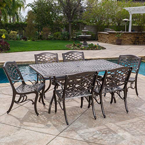 Christopher Knight Home Hallandale Outdoor Sarasota Cast Aluminum Rectangular Dining Set, 7-Pcs Set, Hammered Bronze