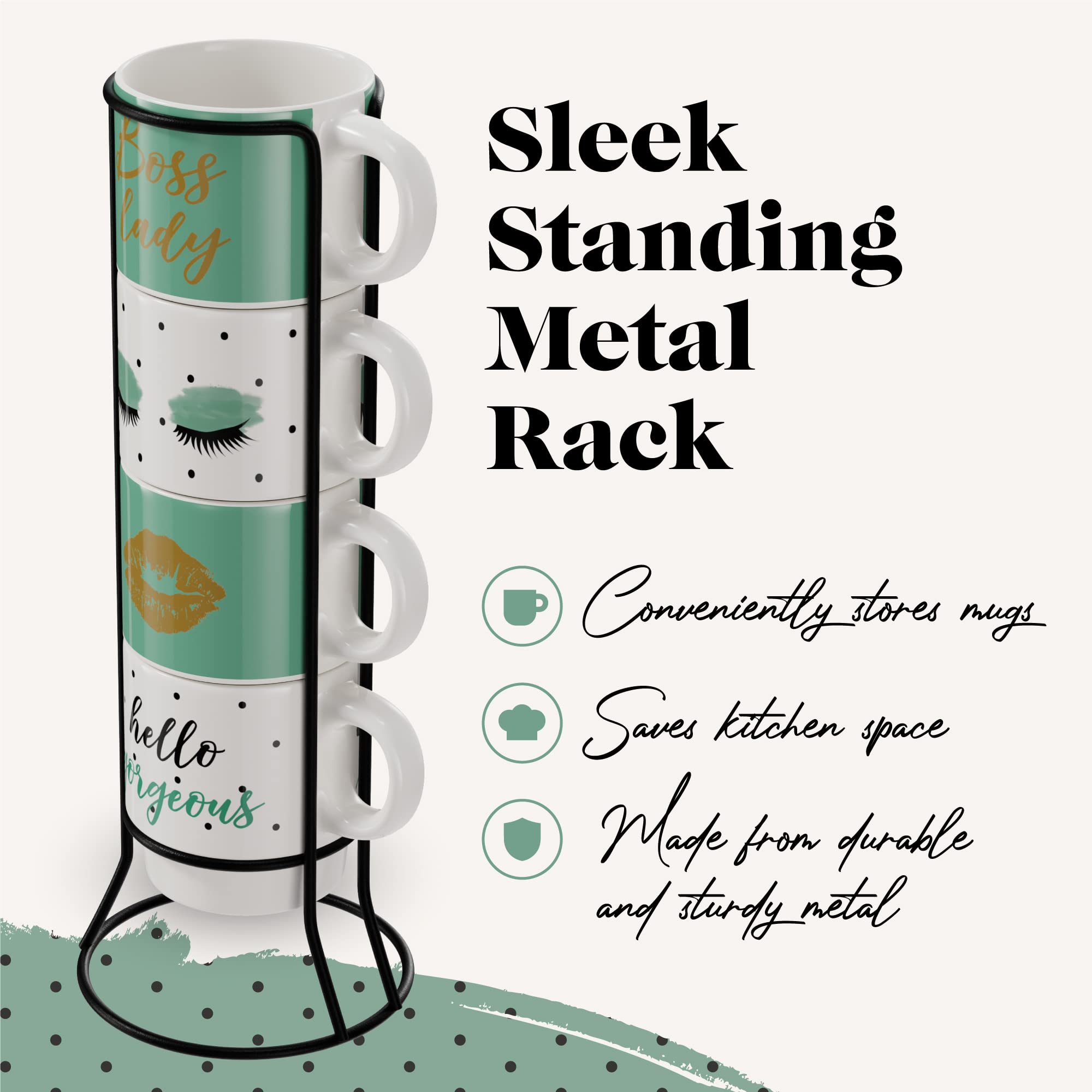 American Atelier Ceramic Green Multi-color Mug & Rack Set – 4 Cups & Standing Metal Rack for Kitchen Countertop, Tabletop, Island, or Café Display – Gift for Tea & Coffee Lovers, 14 oz, Boss Lady