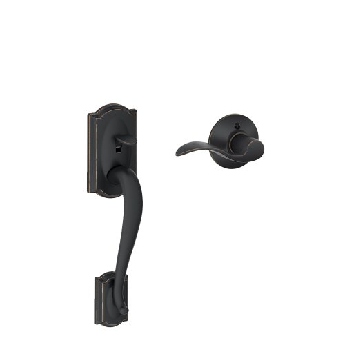 Schlage Encode Smart Wi-Fi Deadbolt with Camelot Trim in Aged Bronze & Schlage FE285 CAM 716 Acc RH Camelot Front Entry Handleset with Right-Handed Accent Lever, Lower Half Grip, Aged Bronze