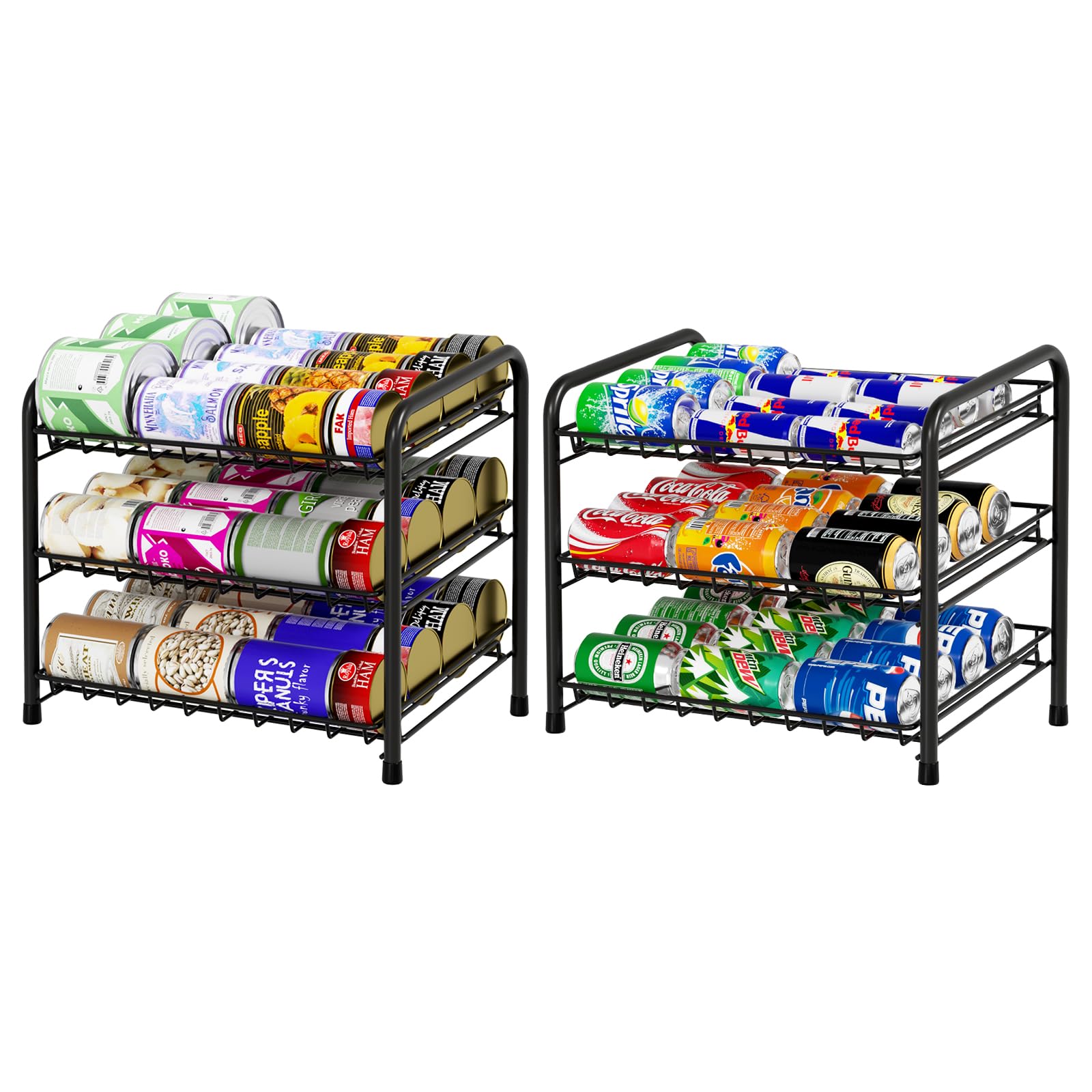 KalTell 2 in 1 Can Storage Organizer Pantry, Canned Food Organizers for Kitchen Dispenses 72 Cans-Black