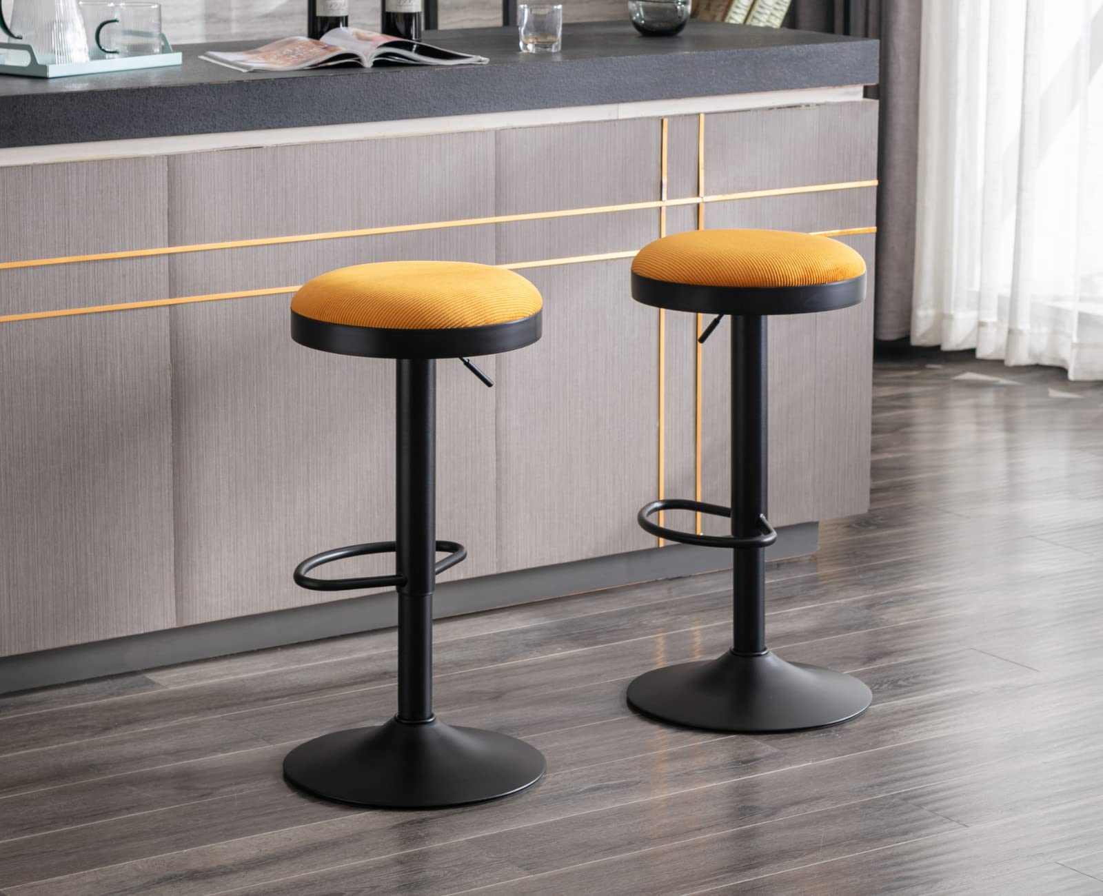 EALSON Modern Swivel Bar Stools Set of 2 Adjustable Counter Height Backless Barstools with Metal Base Fabric Upholstered Round Bar Stool Chairs for Kitchen Island/Pub/Breakfast Bar, Yellow