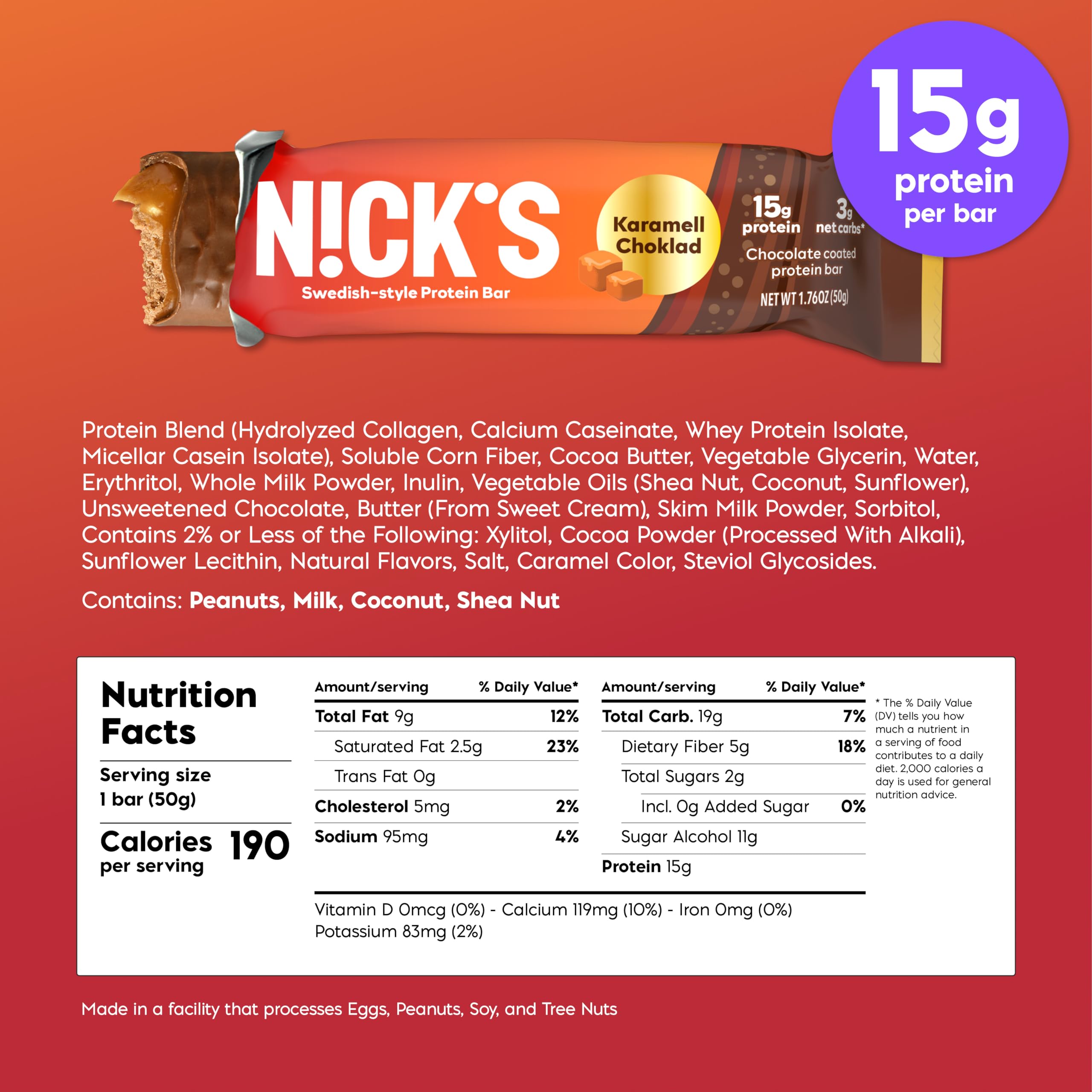 Nick's Protein Bars Chocolate Caramel | 15g protein | 190 calories | Low Carb Keto Friendly Snacks No Added Sugar (Multipack 12 bars x 50g)