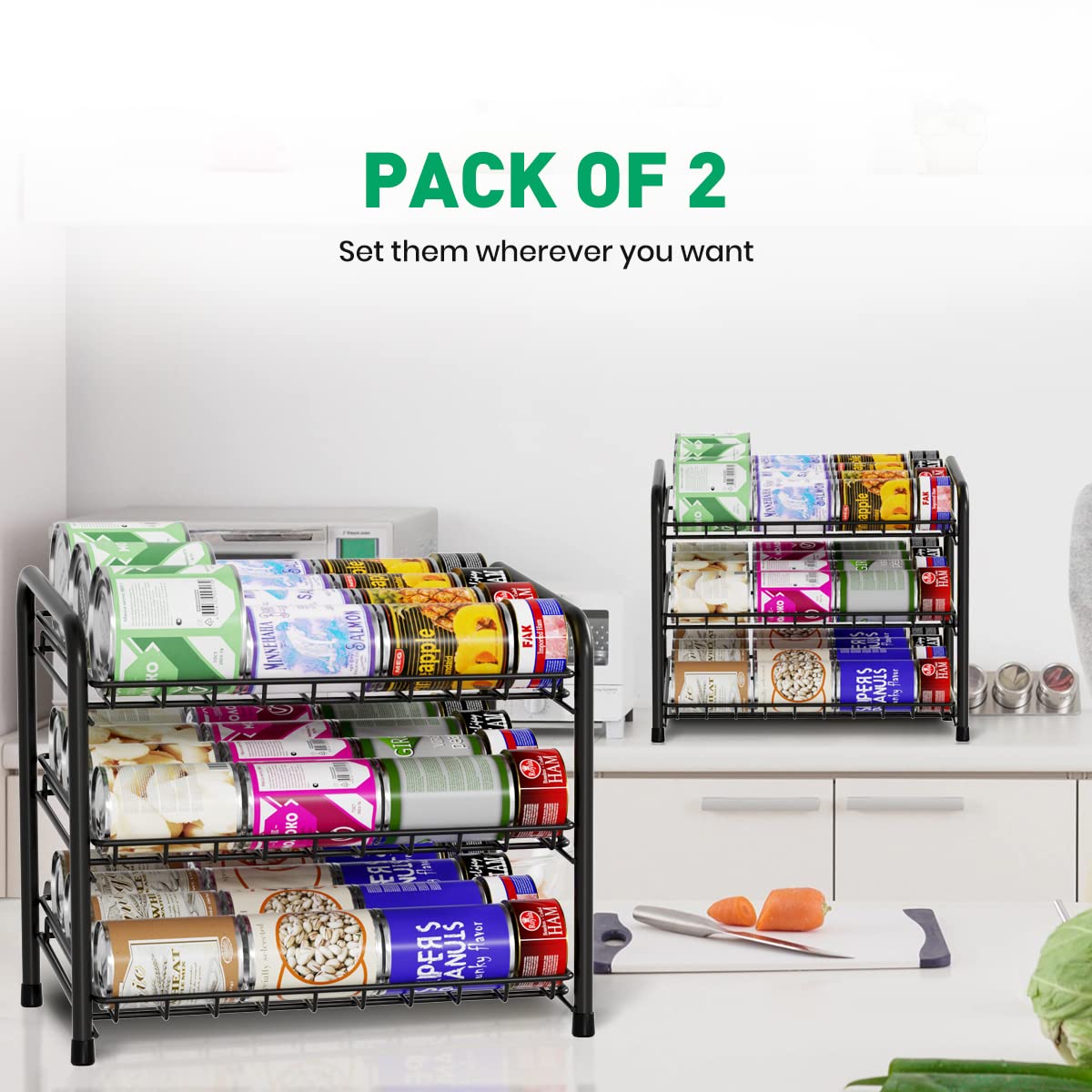 KalTell 2 in 1 Can Storage Organizer Pantry, Canned Food Organizers for Kitchen Dispenses 72 Cans-Black