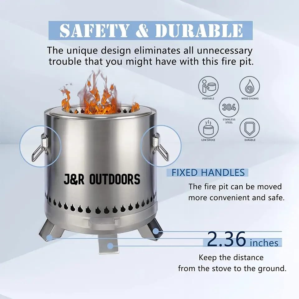 New Smokeless fire Pit with Handles and Removable ash pan for Camping, Patio and Backyard 15 inch Portable Easy cleanup J&R Outdoors Smokeless Firepit
