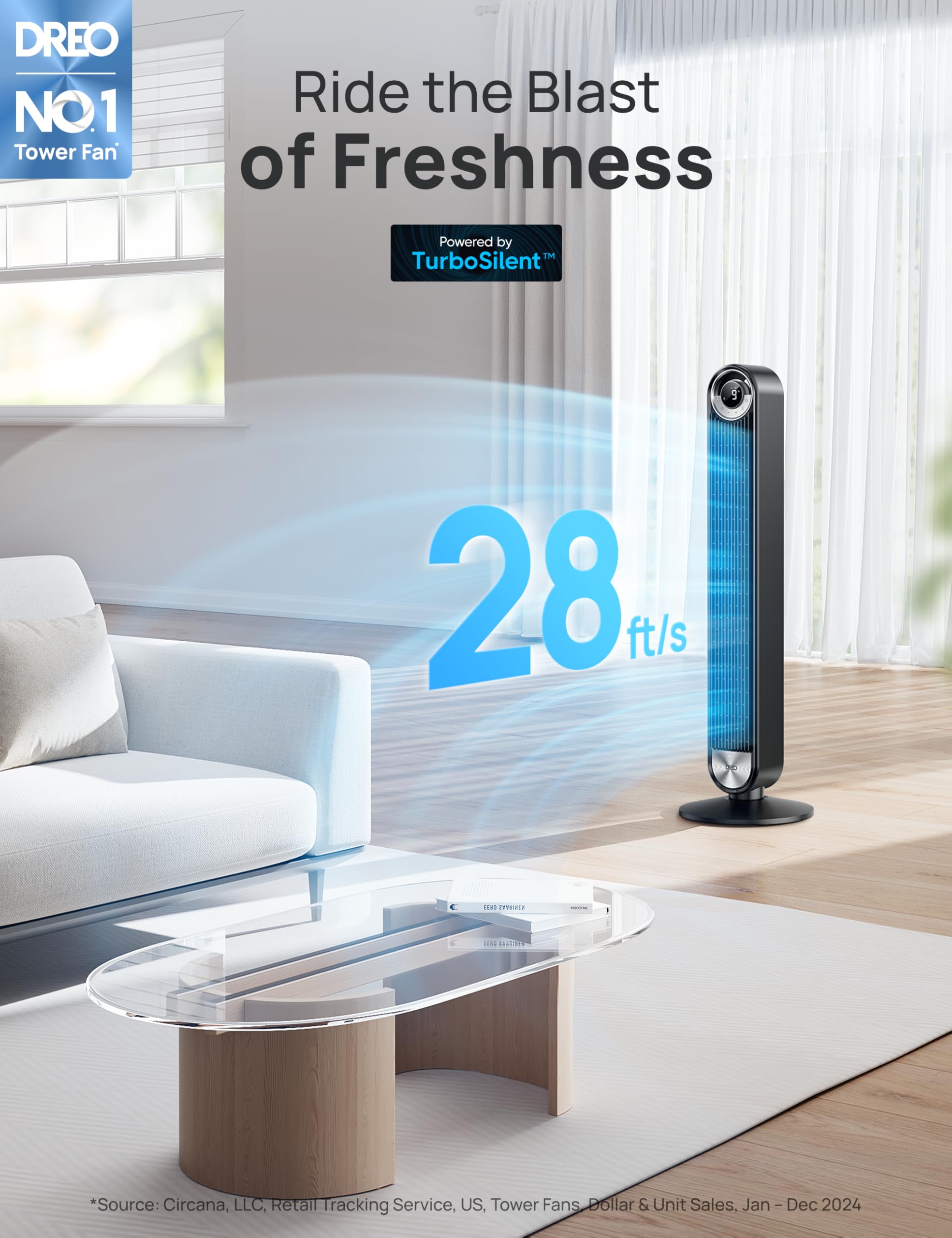 Dreo Tower Fan for Bedroom, 42 Inch Bladeless Fan, 90° Oscillating Fan, Quiet Floor Fan with Remote, LED Display, 6 Speeds 4 Modes, 12H Timer, Standing Fans for Home Living Room Office, Cruiser Pro T2