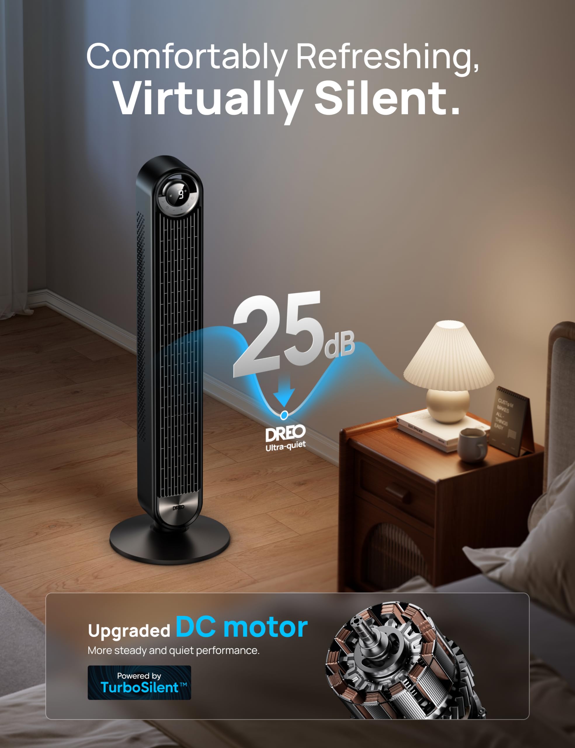 Dreo Tower Fan for Bedroom, 42 Inch Bladeless Fan, 90° Oscillating Fan, Quiet Floor Fan with Remote, LED Display, 6 Speeds 4 Modes, 12H Timer, Standing Fans for Home Living Room Office, Cruiser Pro T2