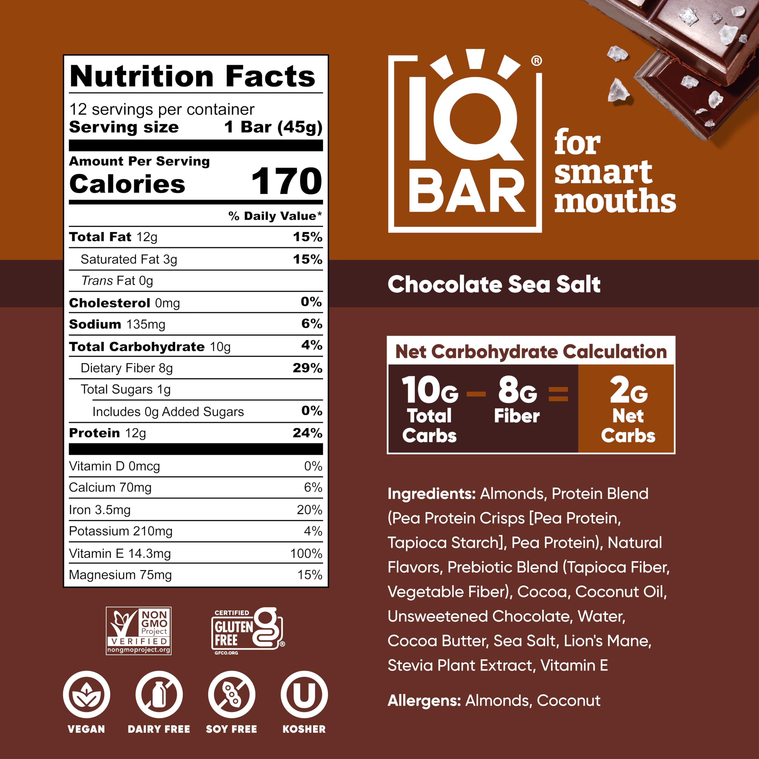 IQBAR Brain and Body Plant Protein Bars - Chocolate Sea Salt - 12-Count Low Carb - Gluten Free, High Fiber, Vegan Snacks - Low Sugar Meal Replacement