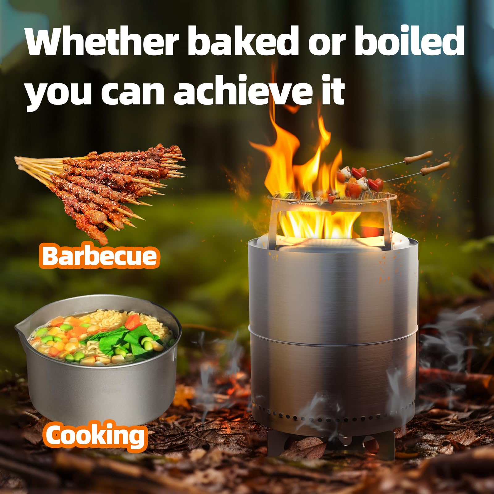 GCCSJ 15.75 Inch Bonfire Fire Pit, Anti-Scald Floor Design,Stainless Steel Fire Pit Wood Burning with Removable Ash Pan and Protective Cover for Outdoor, Silver