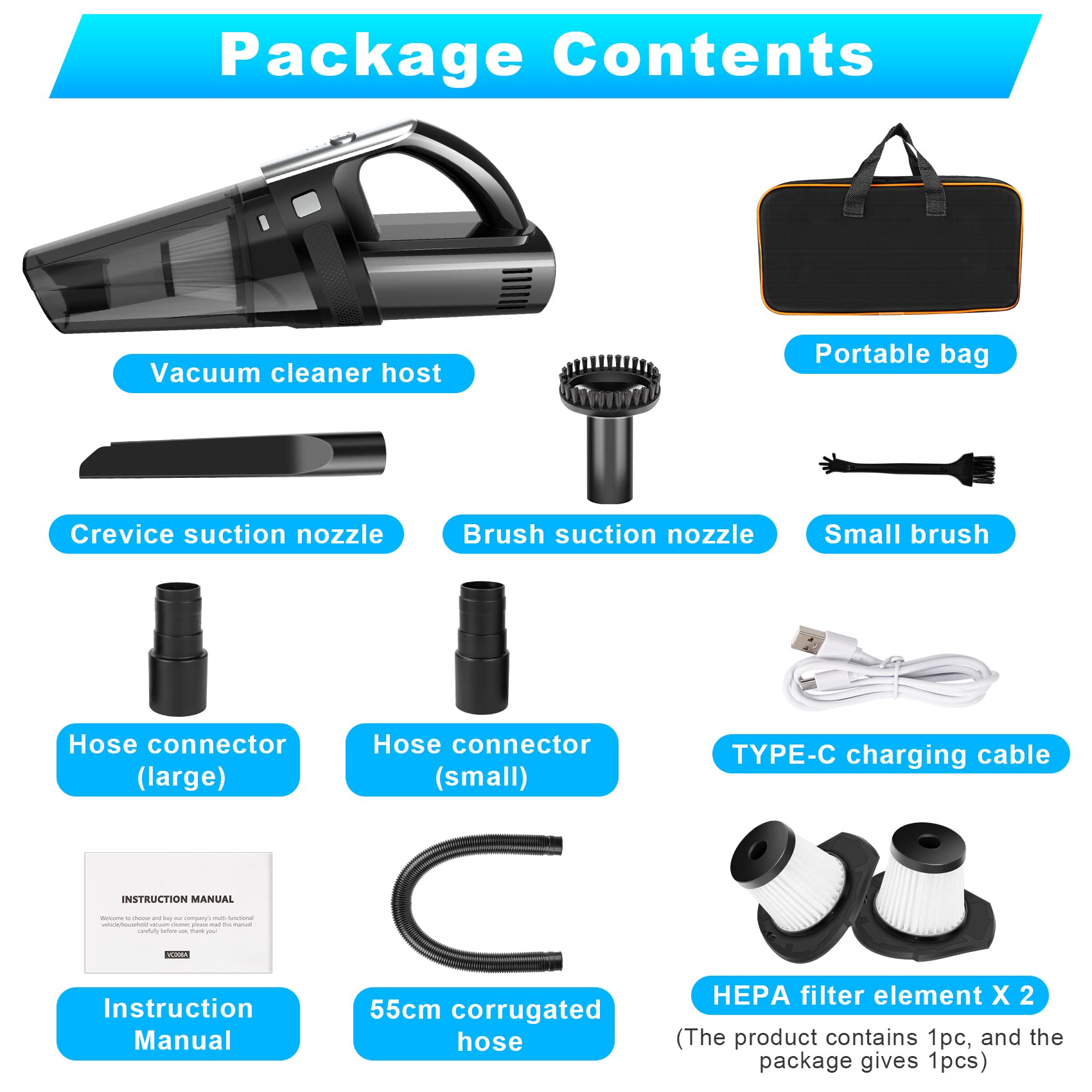 SAKOLD Handheld Vacuum Mini Portable Rechargeable Car Vacuum Cleaner Cordless with 8000PA Powerful Suction for Car Home and Office