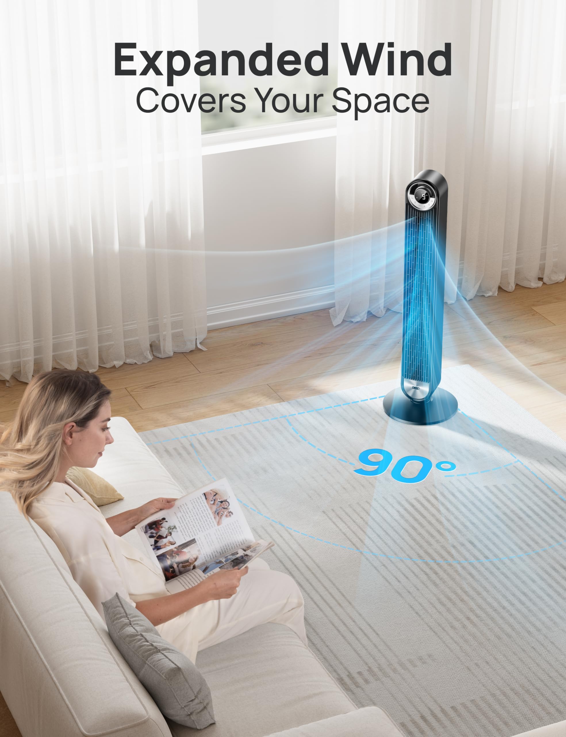 Dreo Tower Fan for Bedroom, 42 Inch Bladeless Fan, 90° Oscillating Fan, Quiet Floor Fan with Remote, LED Display, 6 Speeds 4 Modes, 12H Timer, Standing Fans for Home Living Room Office, Cruiser Pro T2