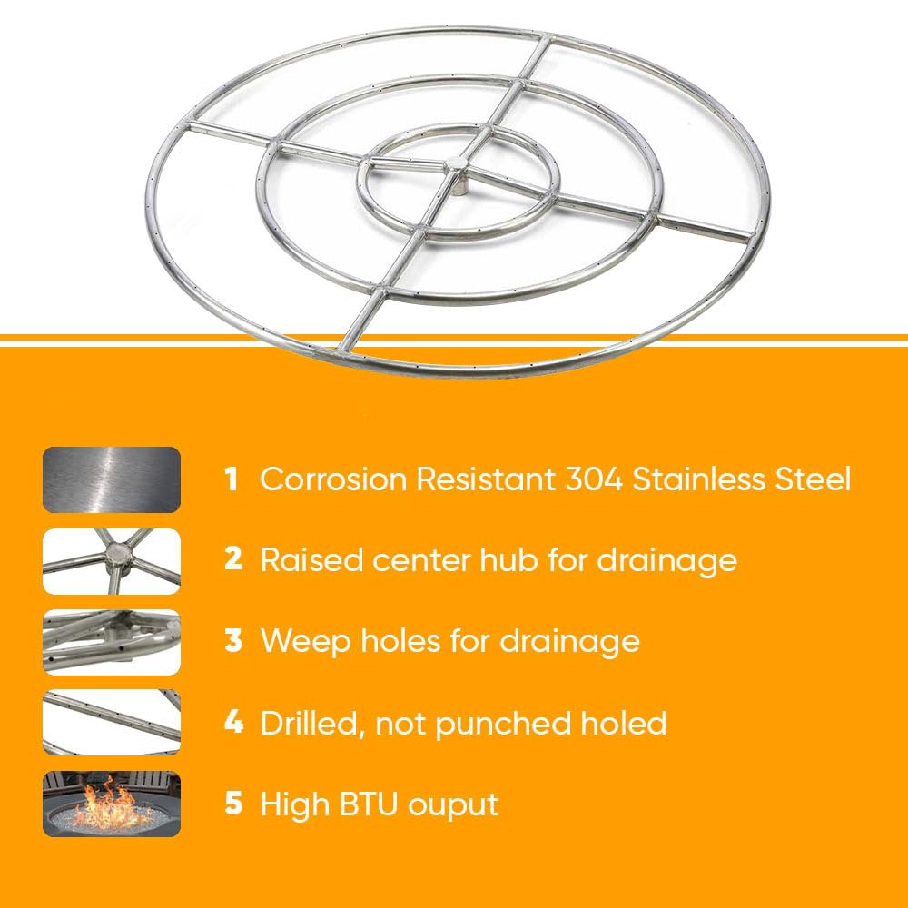 Spotix HPC Match Lit Fire Pit Burner Kit (FPS6KIT-PAN-NG-MSCB), Round, 6-Inch Burner, 12-Inch Flat Pan, Natural Gas, Polished Chrome, with Flange, Key, Valve, Flex Line and Fittings