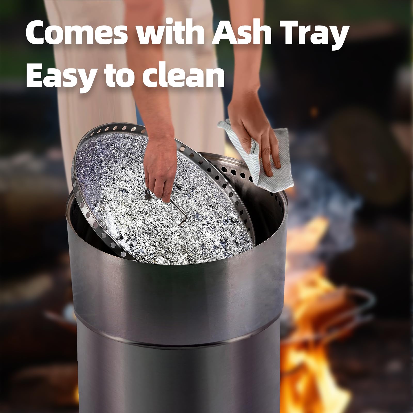 GCCSJ 15.75 Inch Bonfire Fire Pit, Anti-Scald Floor Design,Stainless Steel Fire Pit Wood Burning with Removable Ash Pan and Protective Cover for Outdoor, Silver