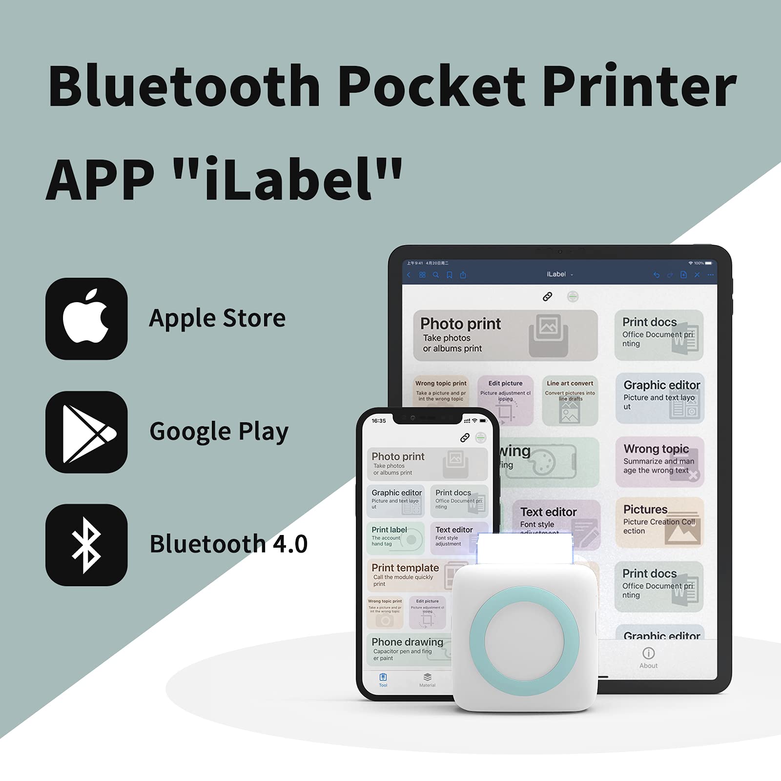 HOMESTEC Mini Printer, Label Maker Machine Portable Thermal Printer for Smartphone with Tape Wireless Bluetooth Printing