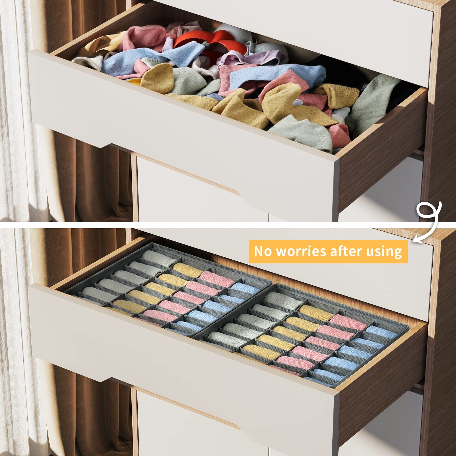 Joyoldelf Sock Drawer Organizer Divider 2 Packs Underwear Organizer, 24 Cell Collapsible Closet Cabinet Organizer Underwear Storage Boxes for Storing Socks, Handkerchiefs, Ties, Belts (Grey)