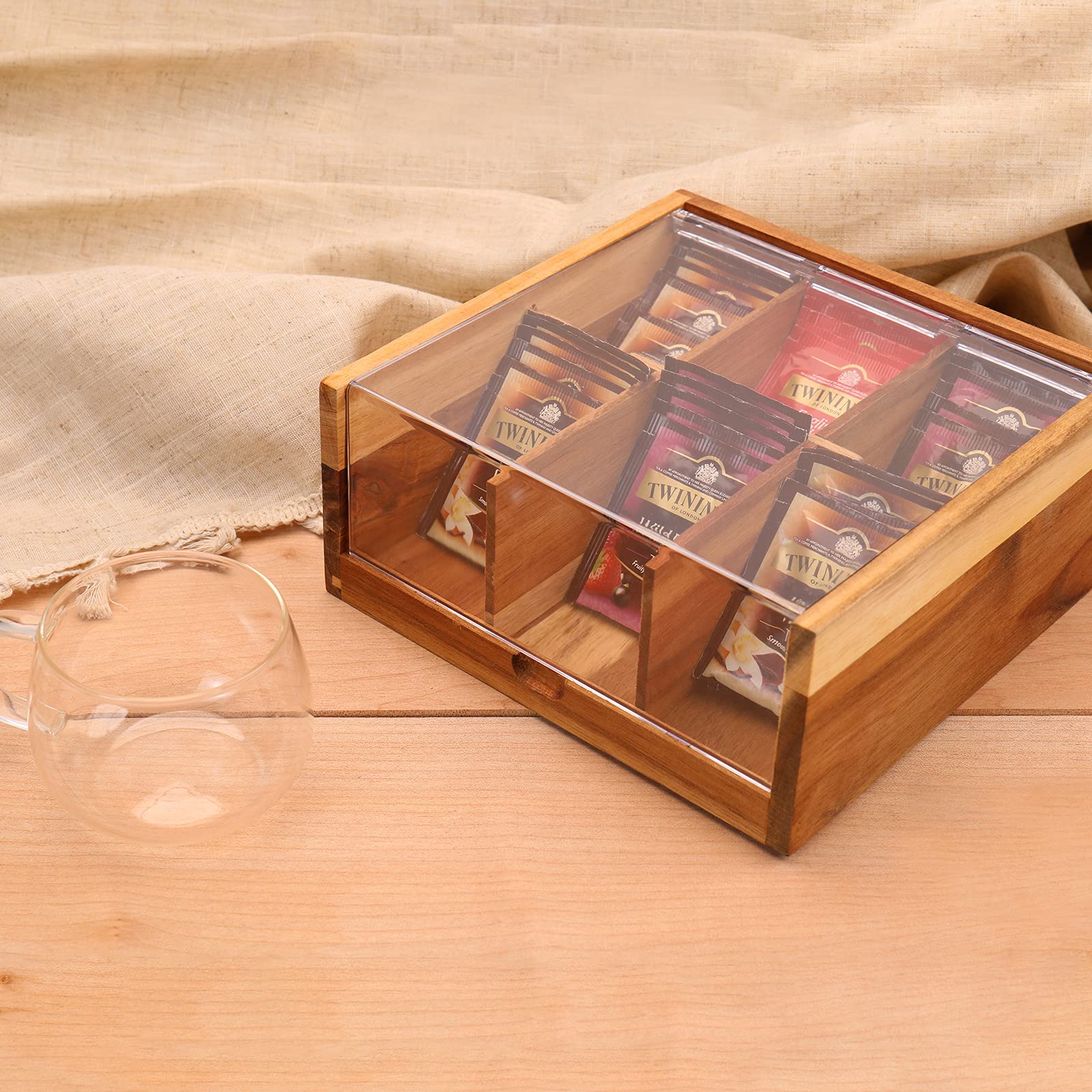 Acacia Wood Tea Bag Organizer Storage, Gift Box 6 Compartments Tea Chest Box with Acrylic Transparent Hinged Lid By HTB