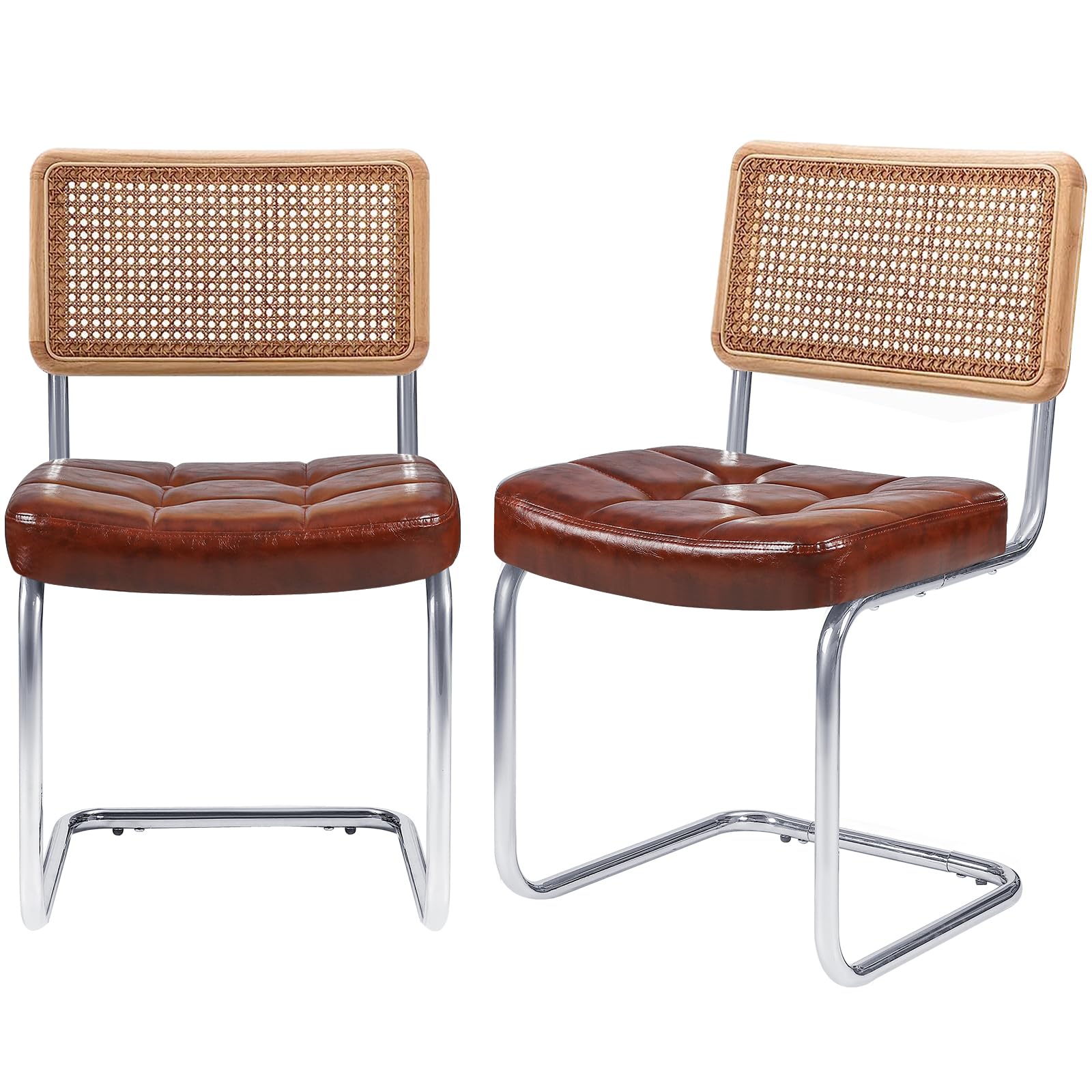 LEMBERI Mid-Century Modern Dining Chairs Set of 2, Upholstered Tufted Faux Leather Accent Chairs Rattan Dining Chair Armless Mesh Back with Metal Chrome Legs, Brown