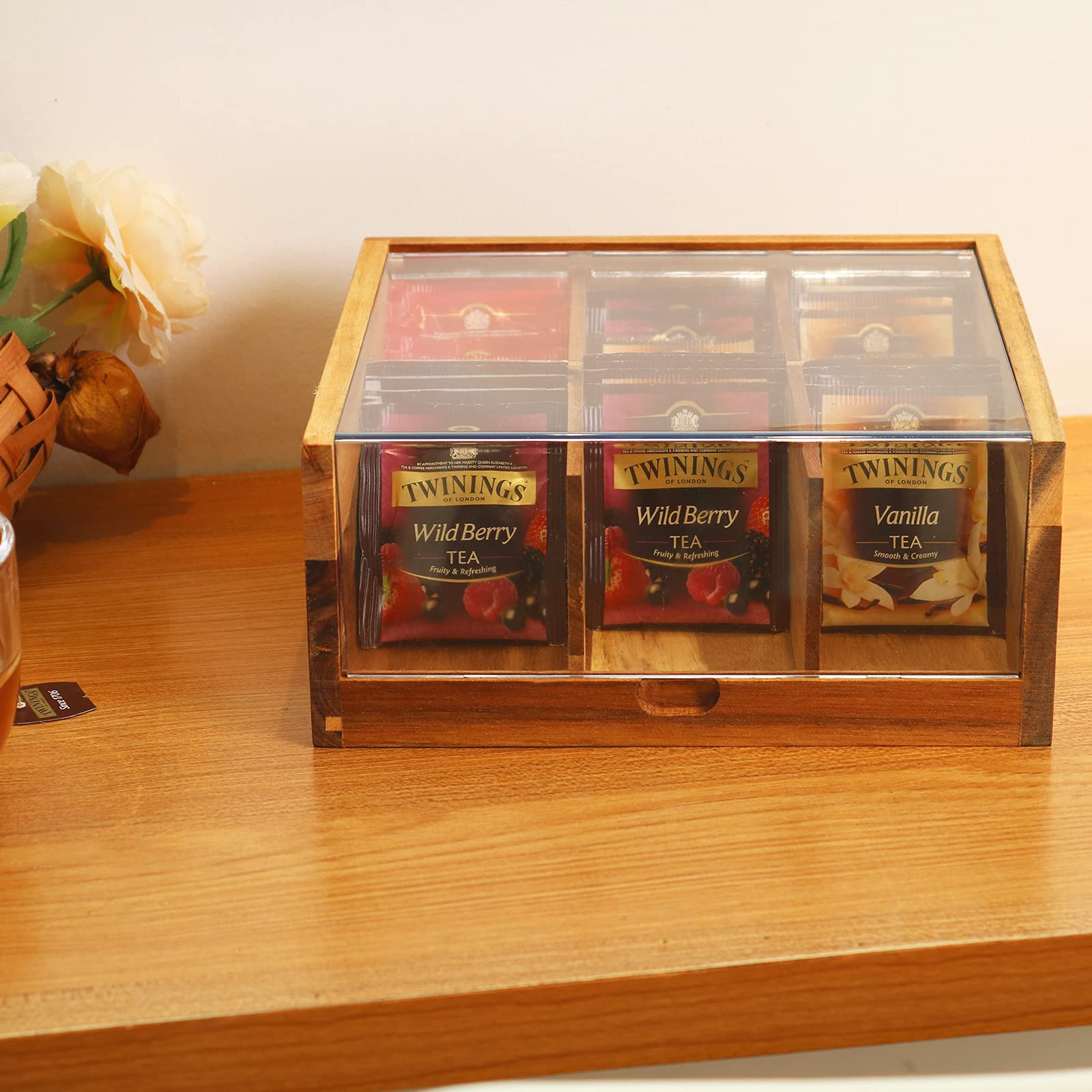 Acacia Wood Tea Bag Organizer Storage, Gift Box 6 Compartments Tea Chest Box with Acrylic Transparent Hinged Lid By HTB