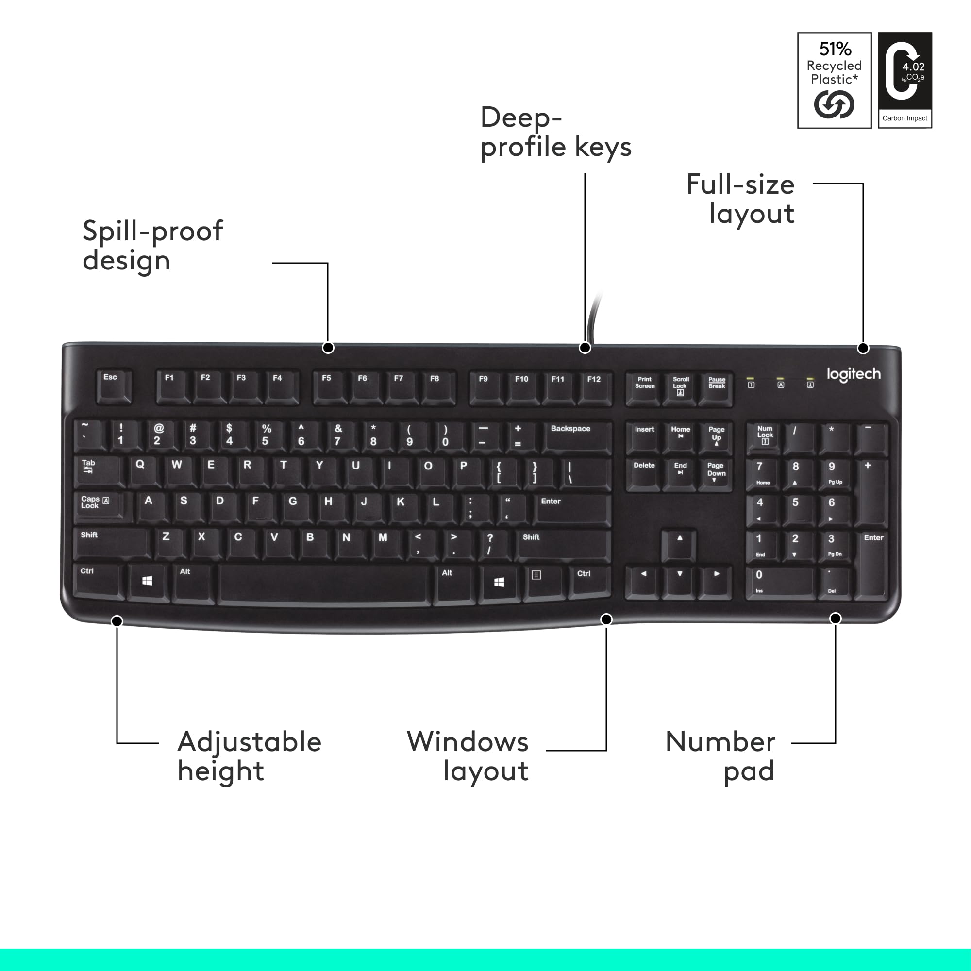Logitech K120 Wired Keyboard for Windows, Plug and Play, Full-Size, Spill-Resistant, Curved Space Bar, Compatible with PC, Laptop - Black