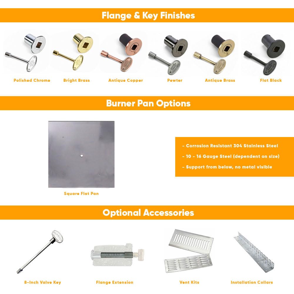 Spotix HPC Square Match Lit Fire Pit Burner Kit (FPSSQ24KIT-PAN-LP-MSCB) with 24x24-Inch Burner and 30x30-Inch Flat Pan, Propane, Polished Chrome, with Flange, Key, Valve, Flex Line and Fittings