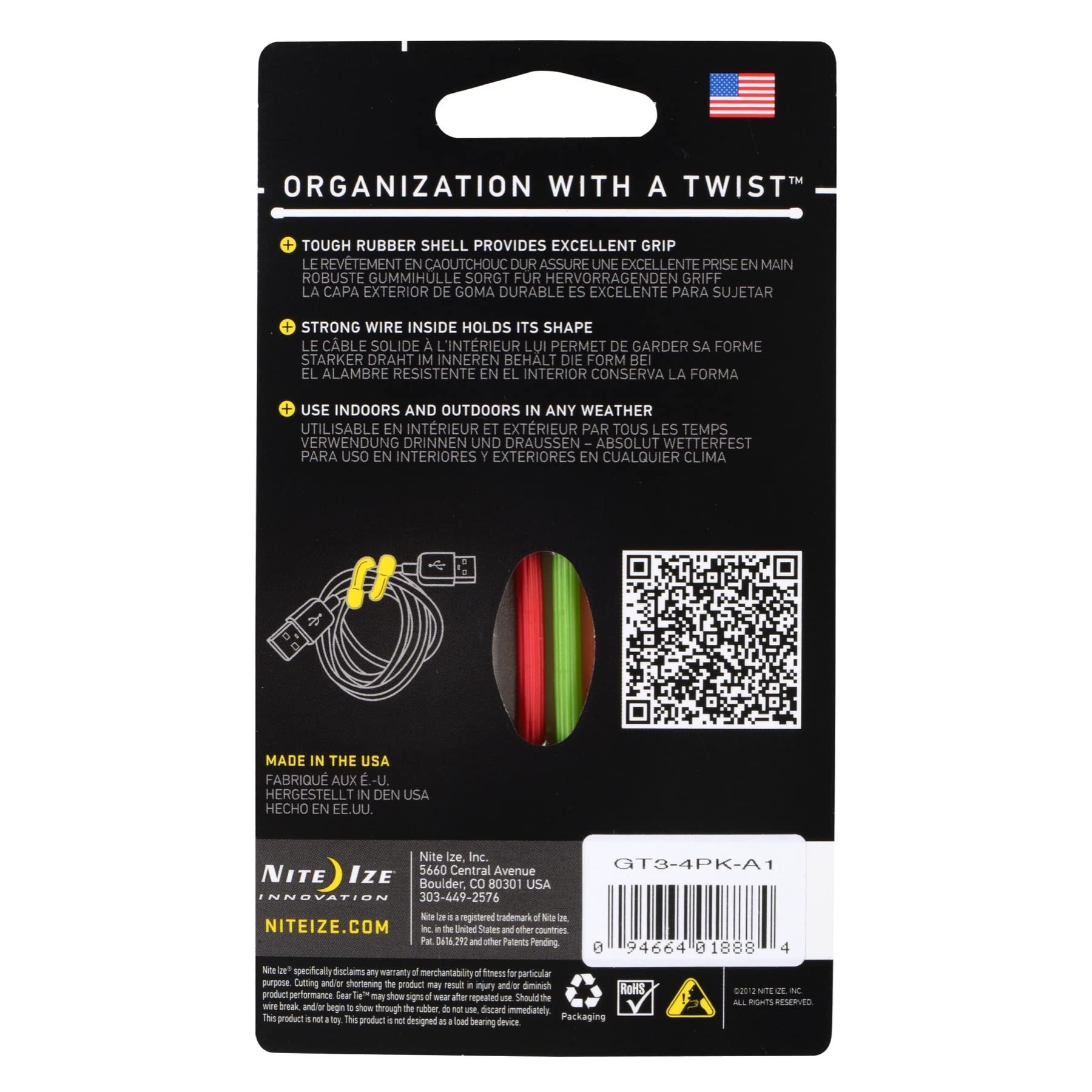 Nite Ize GT3-4PK-A1 3" Gear Tie Assorted Colors 4 Count