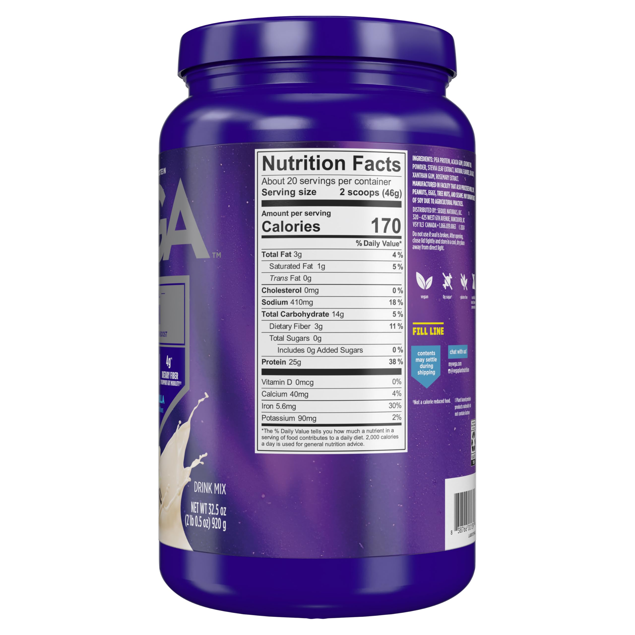 Vega Original Protein Powder, Creamy Vanilla Plant Based Protein Drink Mix for Water, Milk and Smoothies, 32.5 oz (Packaging May Vary)