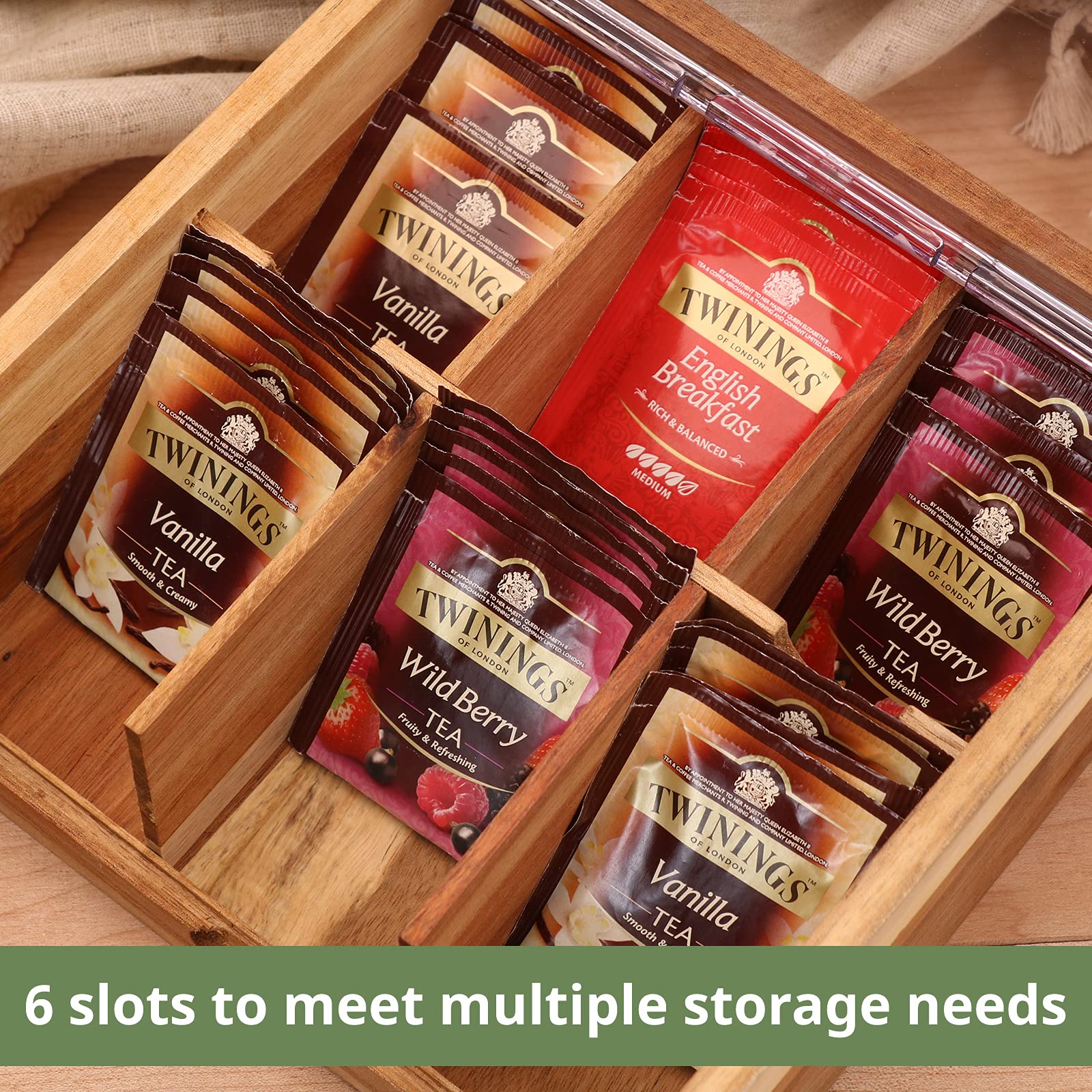 Acacia Wood Tea Bag Organizer Storage, Gift Box 6 Compartments Tea Chest Box with Acrylic Transparent Hinged Lid By HTB