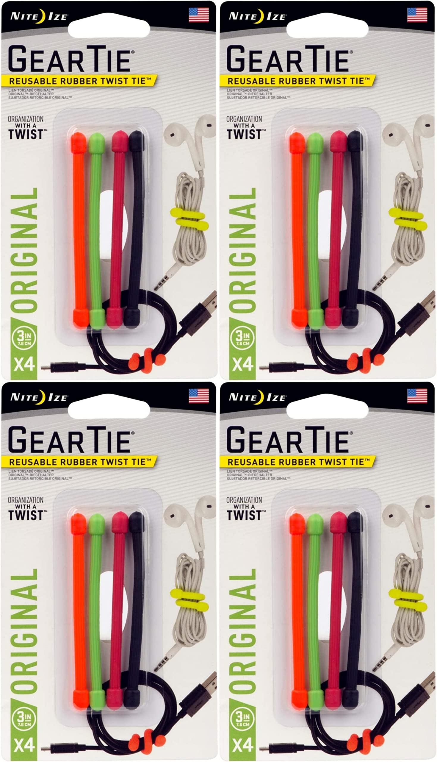Nite Ize GT3-4PK-A1 3" Gear Tie Assorted Colors 4 Count