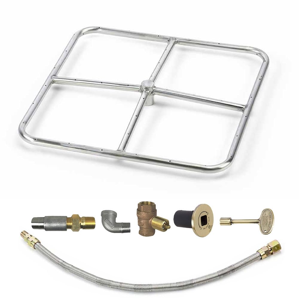 Spotix HPC Square Match Lit Fire Pit Burner Kit (FPSSQ24KIT-PAN-LP-MSCB) with 24x24-Inch Burner and 30x30-Inch Flat Pan, Propane, Polished Chrome, with Flange, Key, Valve, Flex Line and Fittings